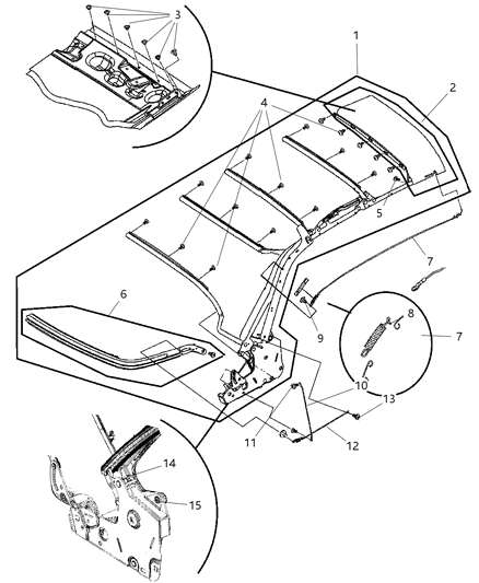 Rail System, Header, Cables And Attaching Screws - 2007 Chrysler PT Cruiser