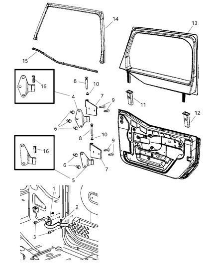 Half Front Door, Glass Frame & Hinges - 2007 Jeep Wrangler